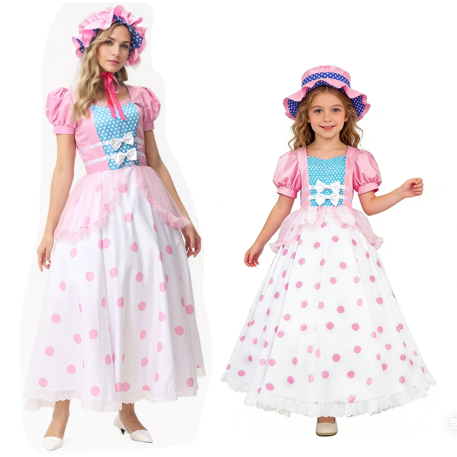 Bo Peep Costume with Bonnet Hat Pink Polka Dot Dress Princess Halloween ...