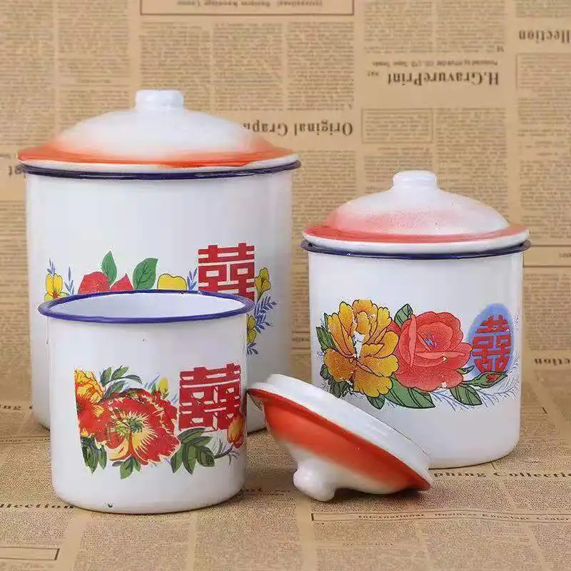 1200ml, Enamel Water Cup With Lid Large Capacity Retro Chinese Feng ...