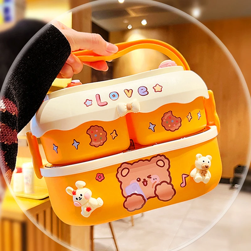 Cute Bear Lunch Box For Kids Girl Kawaii Portable Plastic Large Bento ...