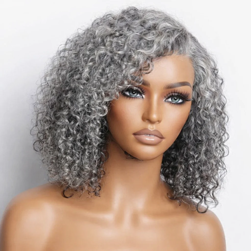 Soul Lady Salt n Pepper Jerry Curly Bob Real Human Hair Kinky Curly 5x5 ...