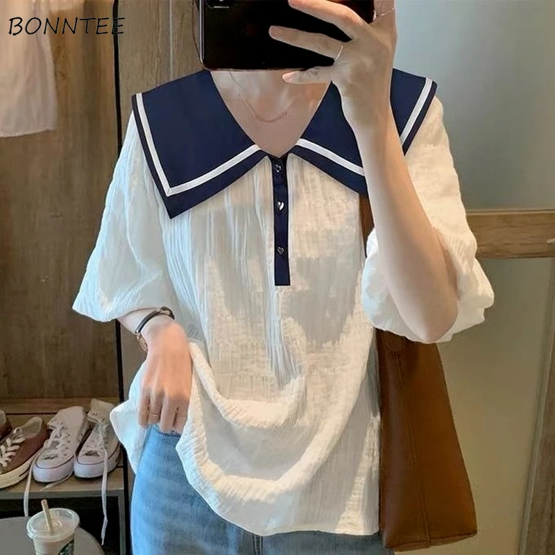 여성용 세일러 칼라 블라우스 루즈 카와이 걸스 올 매치 스트리트웨어 세련된 아늑한 사랑스러운 사랑스러운 빈티지 부드러운
