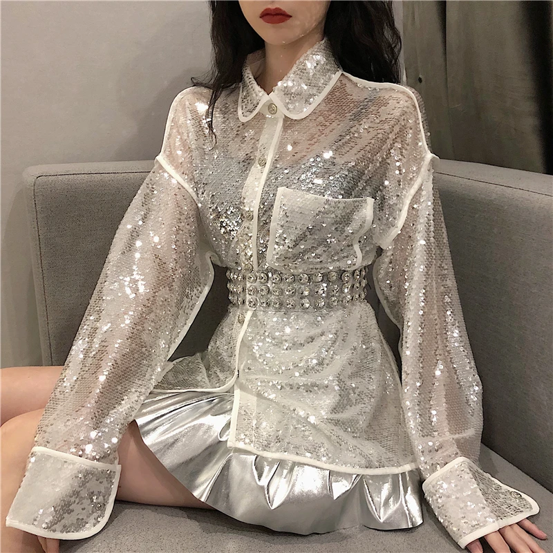 Bling Glittering Sequined Shirts Spring Autumn Women Beaded Blouse ...