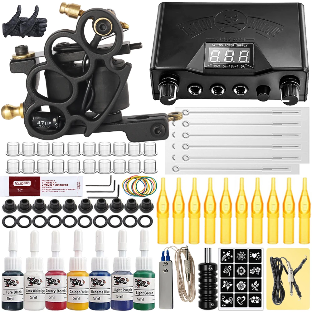 Complete-Coil-Tattoo-Machine-Kit-Set-with-Tattoo-Needles-Power-Supply ...