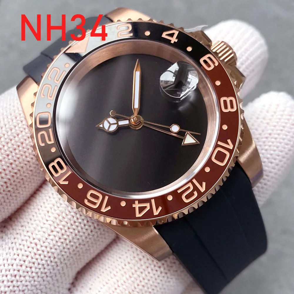 NH34-GMT-SUB-Rose-Gold-Mechanical-Men-Watch-Sterile-Black-Dial-Curved ...