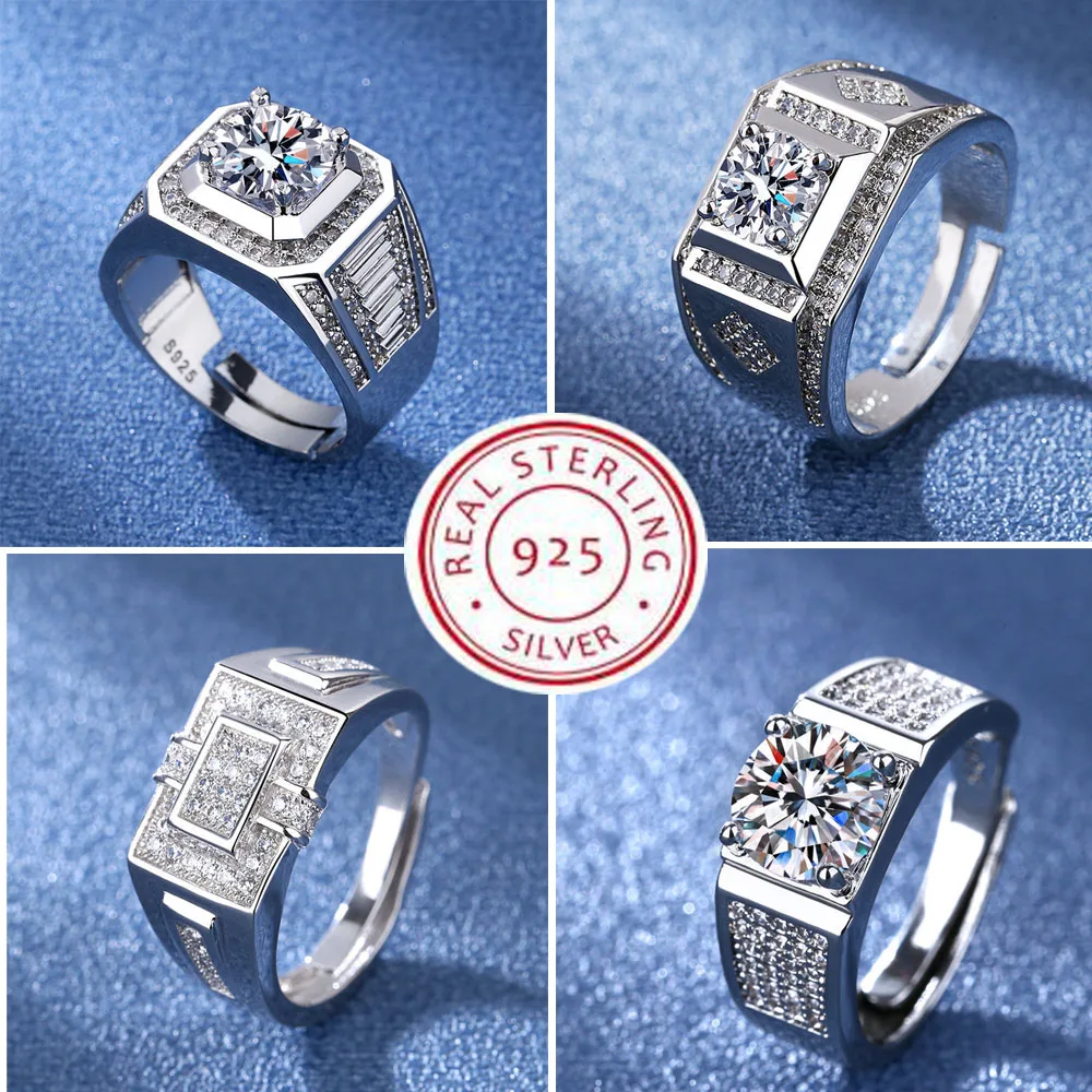 925-Sterling-Silver-Rings-For-men-Shining-crystal-adjustable-size ...