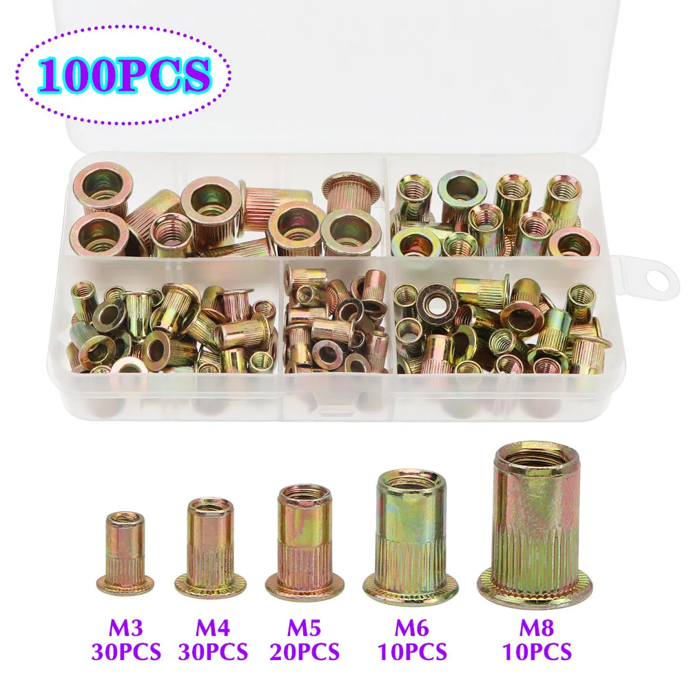 100pcs-Carbon-Steel-Rivet-M3-M4-M5-M6-M8-Flat-Rivet-Nuts-Set-Nuts ...