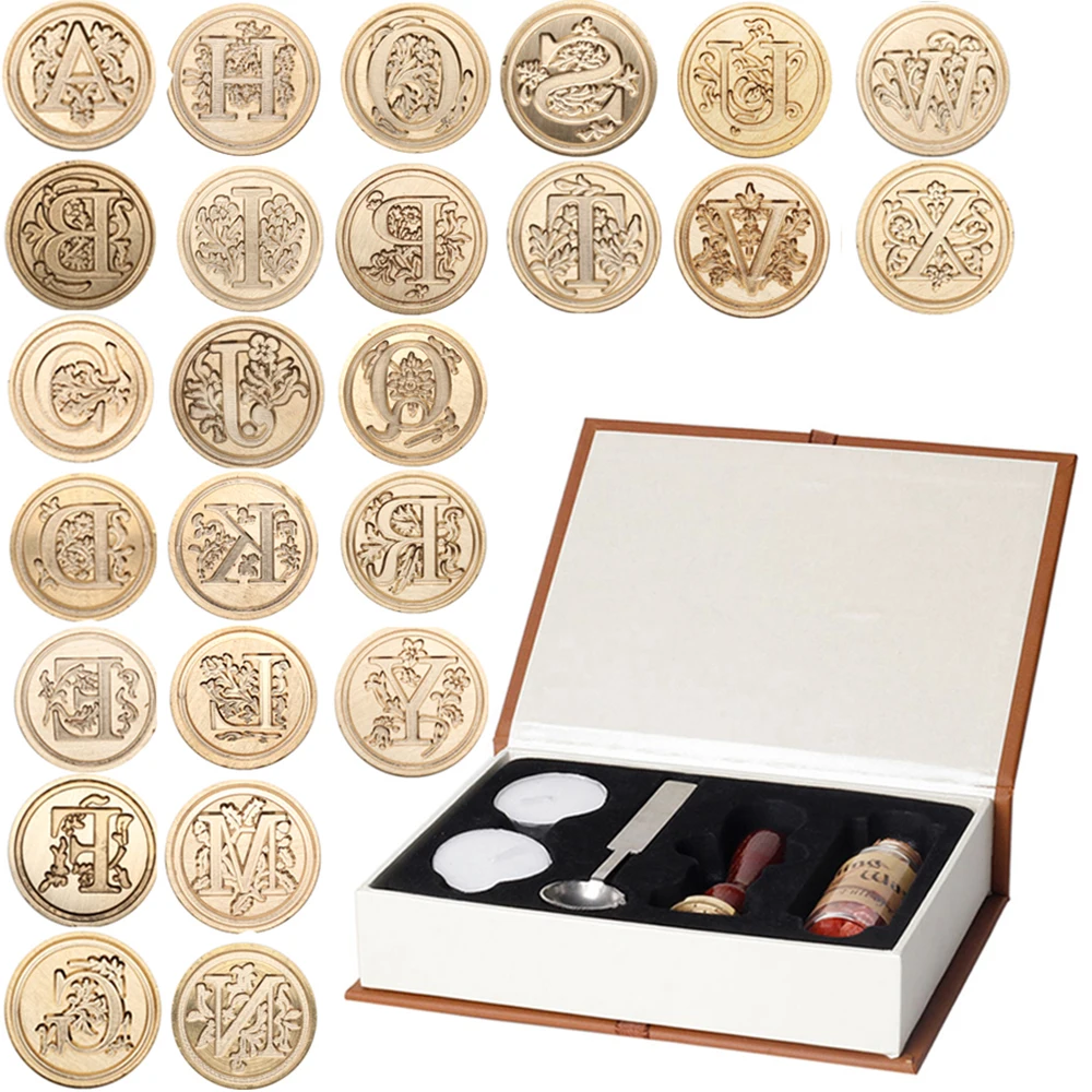 Brass Retro Initials Wax Seal Set Box 26 Letters A-Z Wax Seal Stamp ...