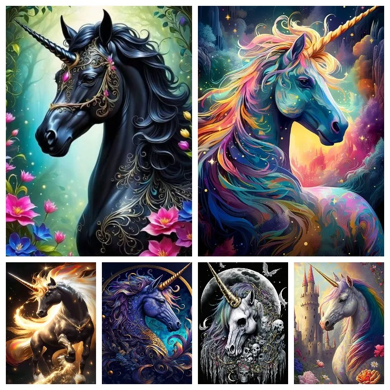 Mythical-Creature-Diamond-Painting-Kits-Black-Horse-with-Spiral-Horn ...