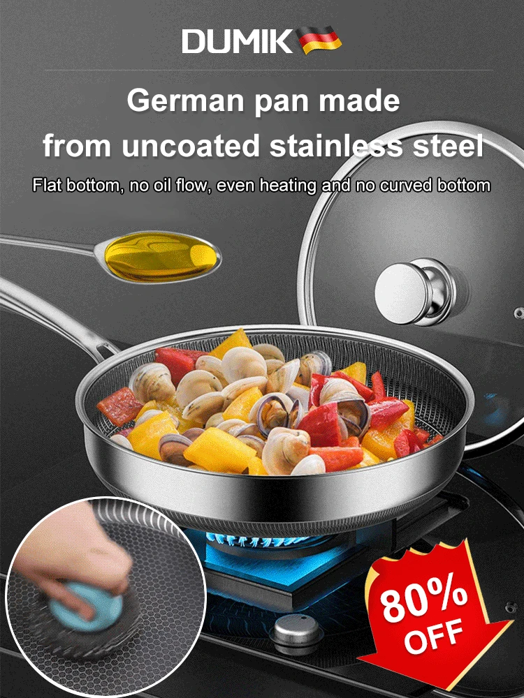 Frying-Pan-with-Glass-Lid-26-28cm-Stainless-Steel-Honeycomb-Skillet ...