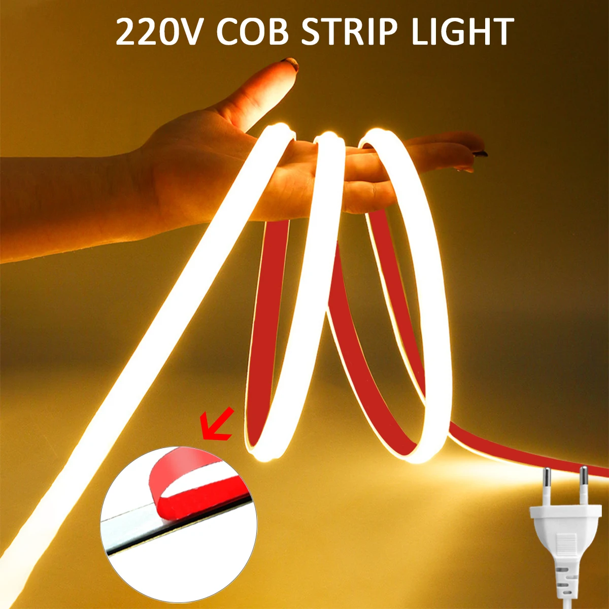 High-Brightness-220V-COB-LED-Strip-Light-Adhesive-Waterproof-Flexible ...