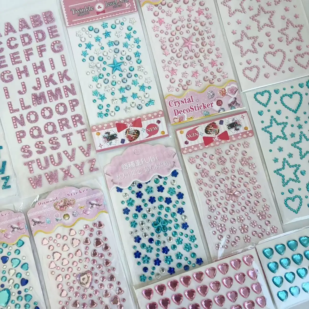 14 pieces of blue and pink stickers, crystal diamonds, children's ...