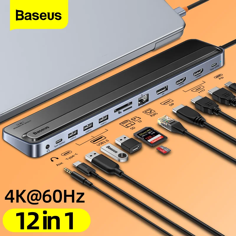 Baseus 12 인 1 USB c형 허브 4K 60Hz HDMI 호환 DP RJ45 SD TF 카드 맥북 프로 에어 도크 ...
