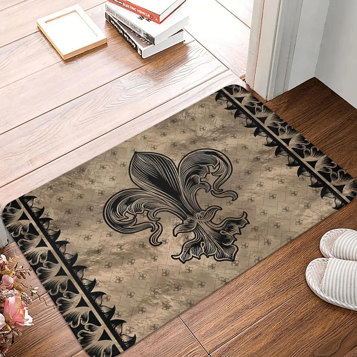 Gothic Bath Non-Slip Carpet Fleur De Lis Black And Gold Living Room Mat ...