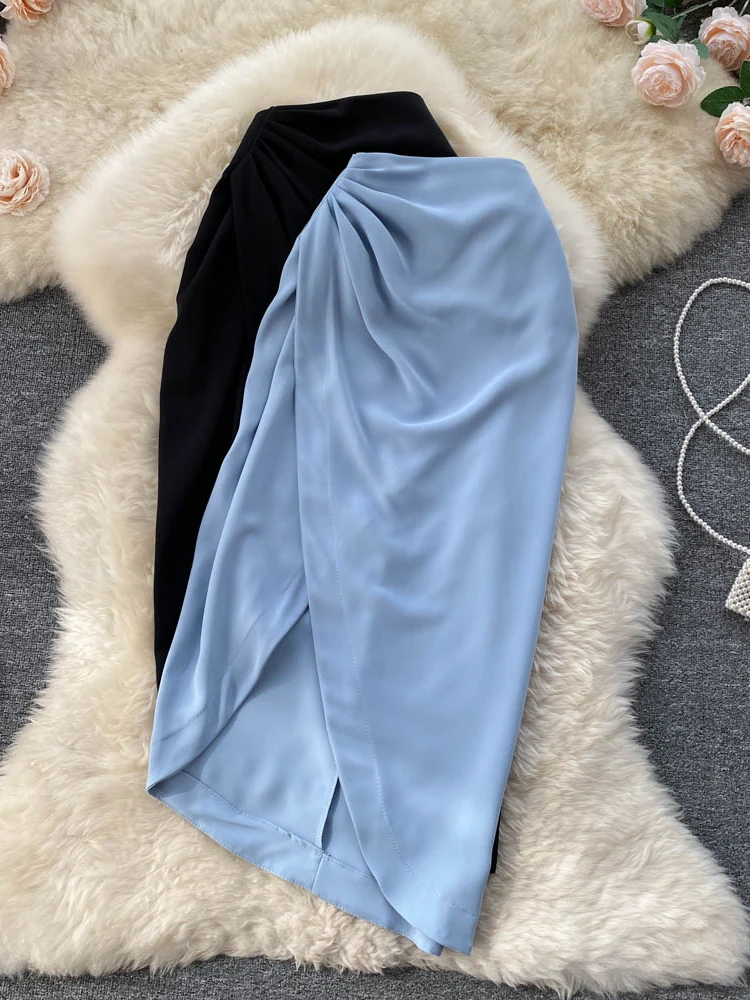 Spring Summer Women OL Work Pleated Elegant Split Skirts Vintage Solid High Waist Slim Irregular ...