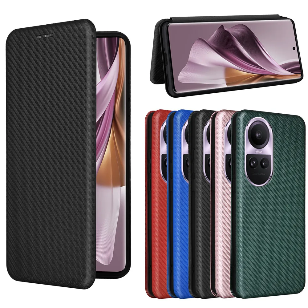 For-OPPO-Reno-10-5G-Case-Luxury-Flip-Carbon-Fiber-Skin-Magnetic ...