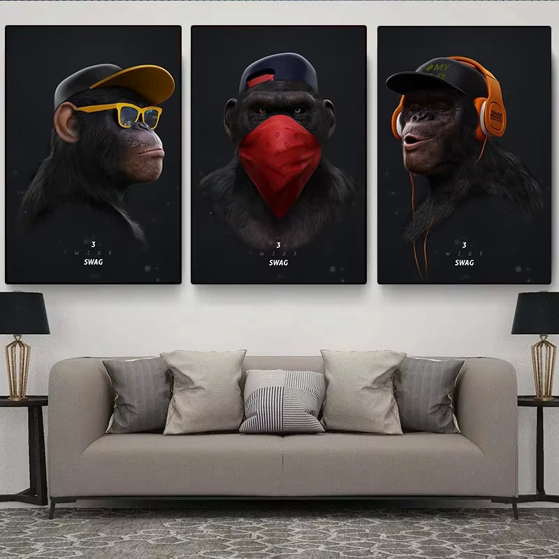 Three Swag Monkeys Canvas Art Posters and Prints Hip Hop Monkey Fashion ...