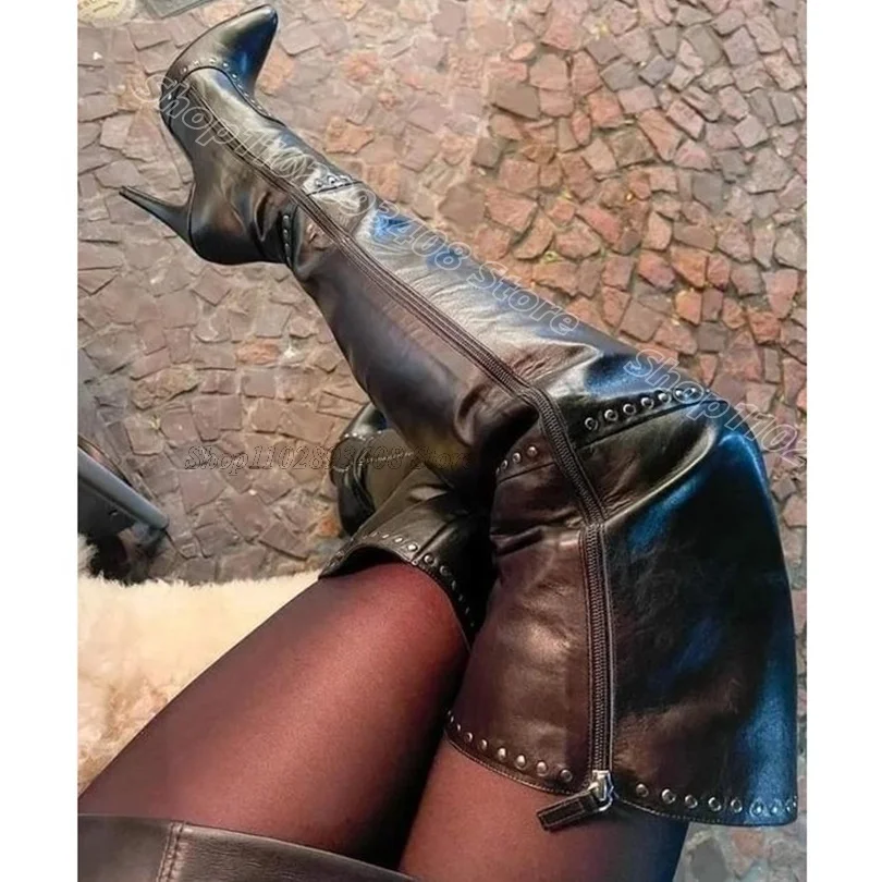 Black-Rivet-Decor-Over-Knee-Boots-Pointed-Toe-Side-Zipper-Stiletto ...