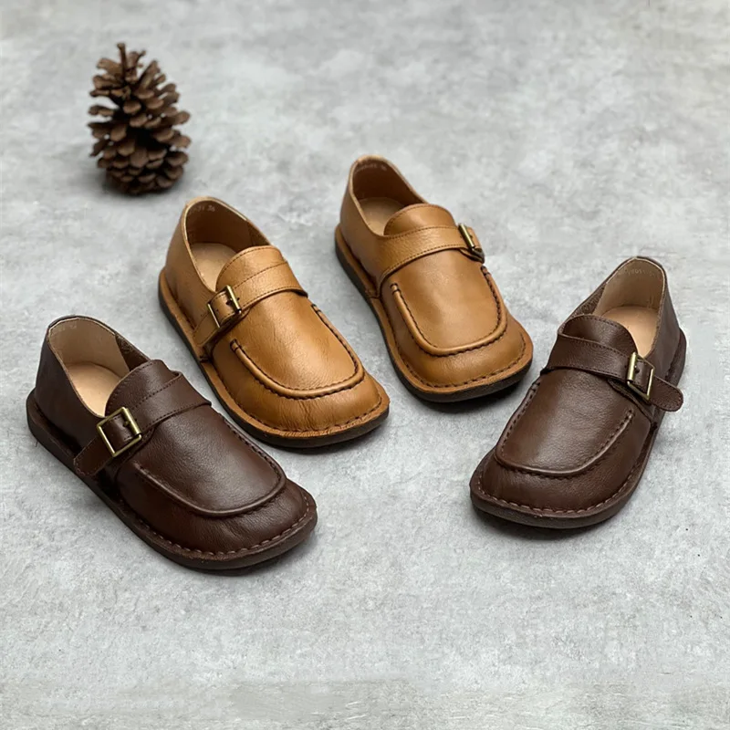 Zapatos planos Retro de piel de vaca para mujer, calzado de cuero de vaca, de boca baja, color ...