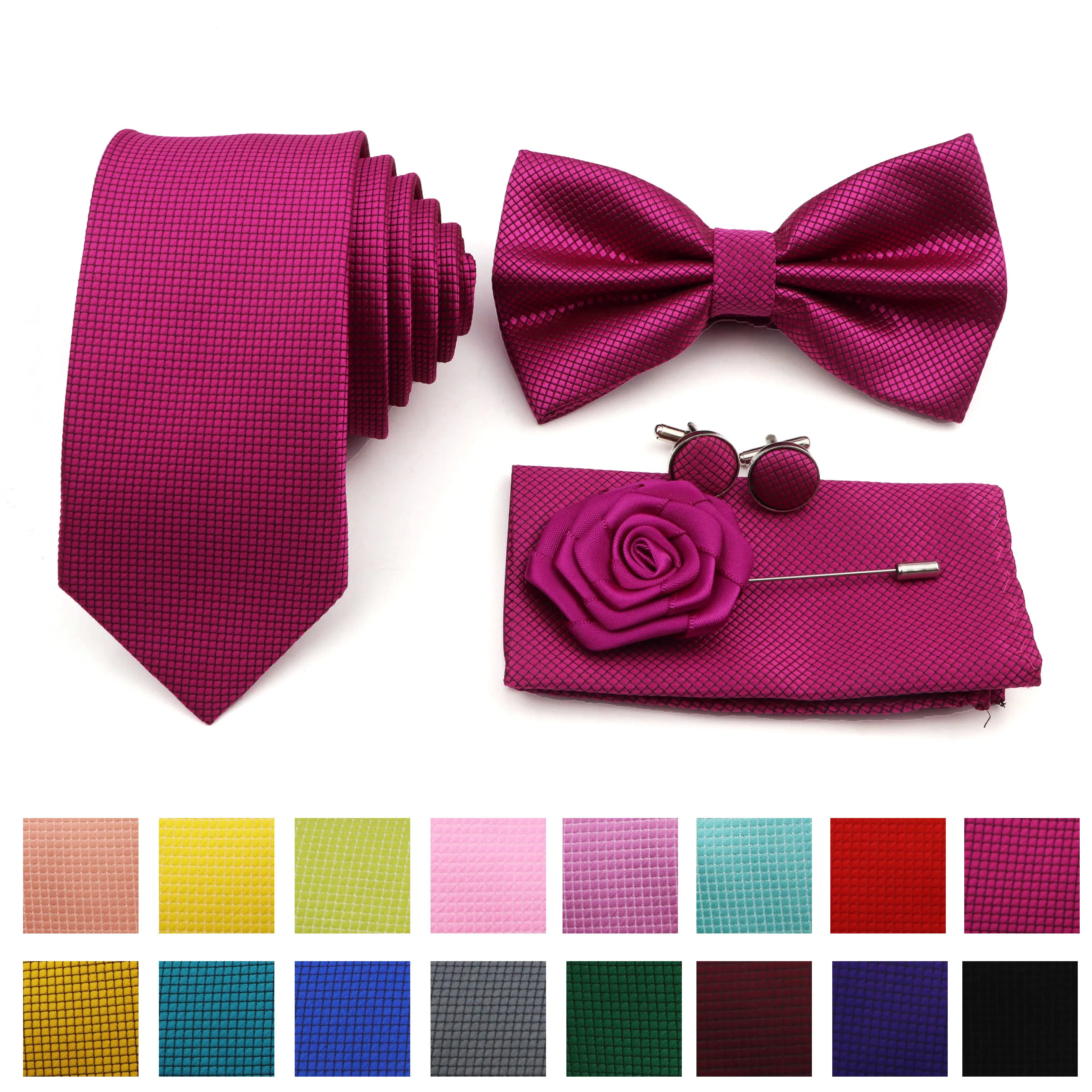 Hot Sale Rose Red Pink Tie Set Polyester Slim Plaid Necktie Bowtie ...