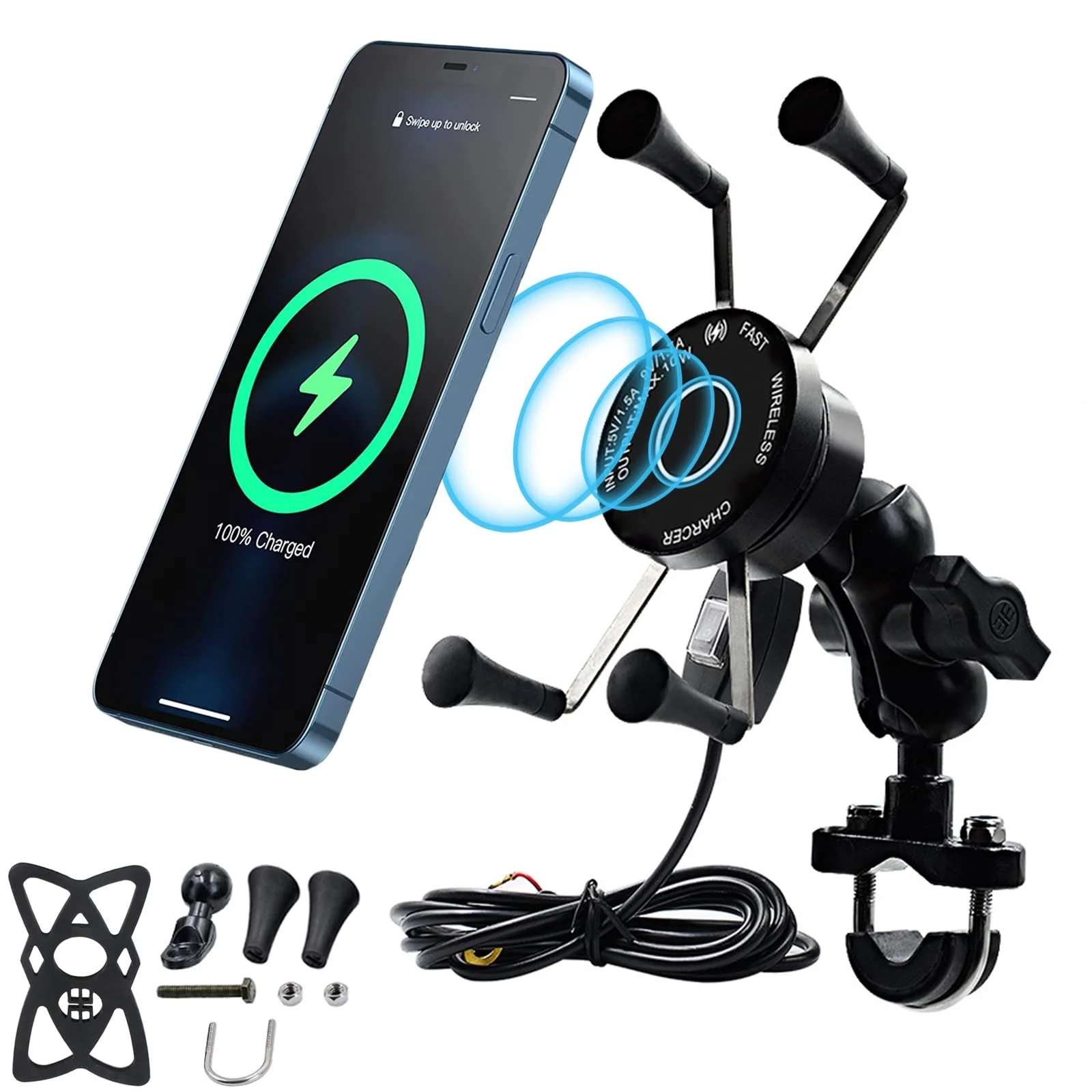15W Fast Charging Adapter, Wireless Qi Motorcycle Phone Holder with 4 ...