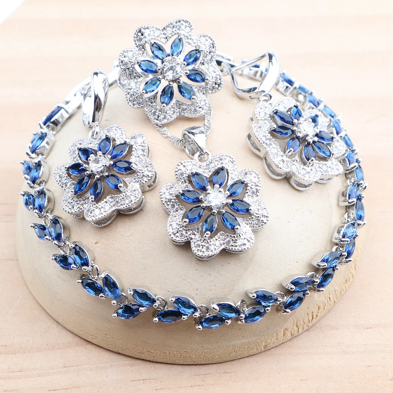 925-Set-perhiasan-zirkon-Biru-Perak-untuk-wanita-Set-kalung-liontin ...