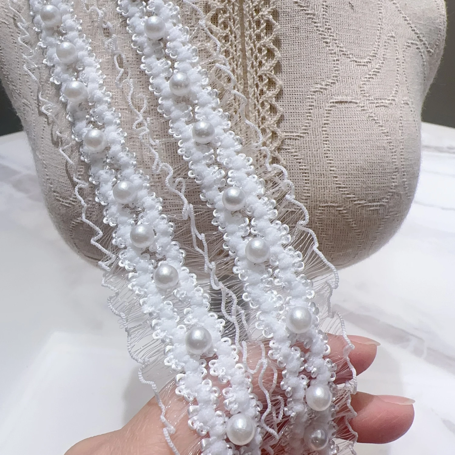 2Yards Pearl Beaded Lace Trim Stretched Lace Ribbon Fabric Clothes ...