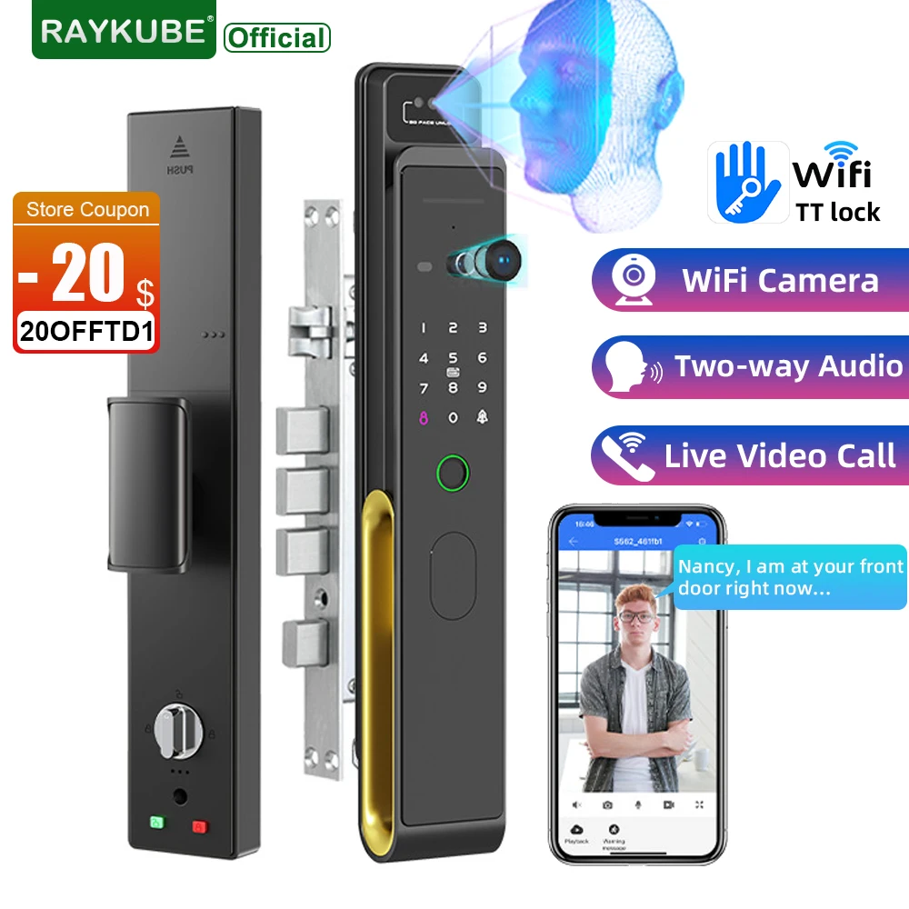 RAYKUBE TD1 TT Lock WiFi 3D Face Recognition Smart Fingerprint Door ...