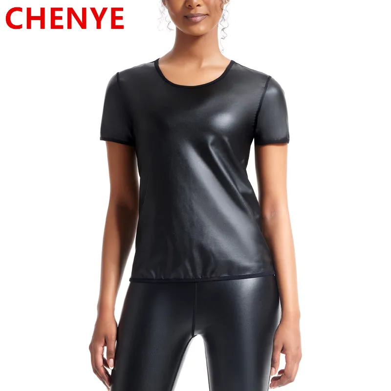 Women-Faux-PU-Leather-Short-Sleeve-Fitted-Tee-Shirt-Top-Body-Shaper ...