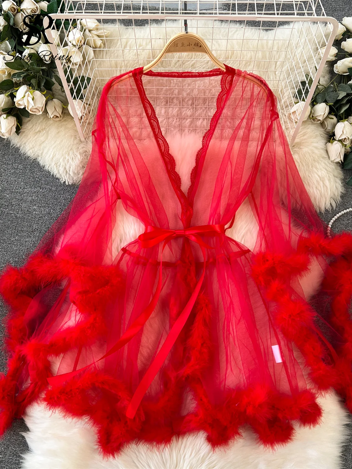 SINGREINY-Christmas-Senior-Sheer-Sexy-Pajamas-Fur-Splice-Mesh-Midi ...