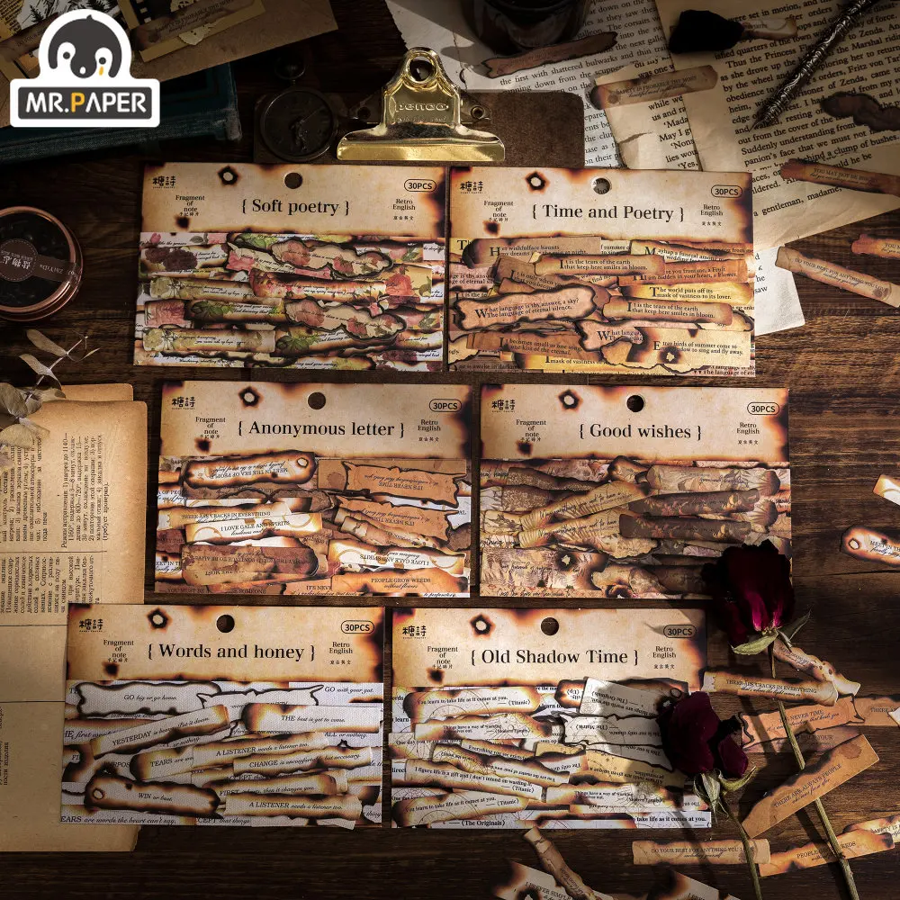 Mr. Paper 6 가지 스타일 빈티지 스티커 아트 영어 구운 핸드북 장식 DIY 재료의 긴 스트립, 30 개/팩 ...