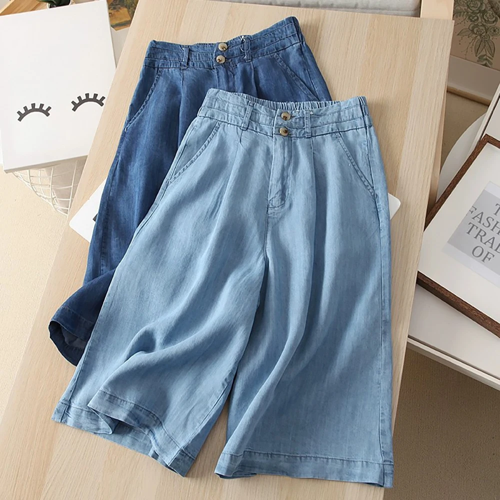 Women Thin Soft Short Denim Pants Summer Double Buttons High Waist ...