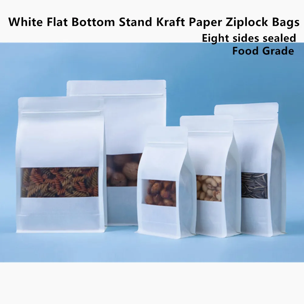 White-Kraft-paper-Pouch-50pcs-Flat-Bottom-Stand-Craft-Paper-Zip-Lock ...