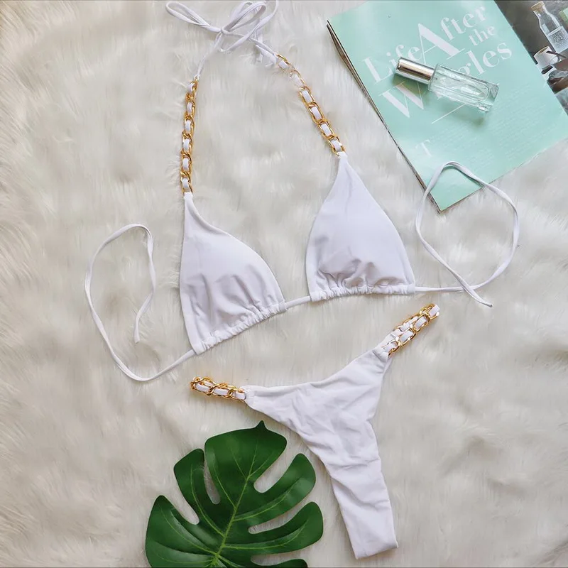 Para Praia Metal Chain Bikini 2024 Sexy Push Up Swimwear Women Nylon