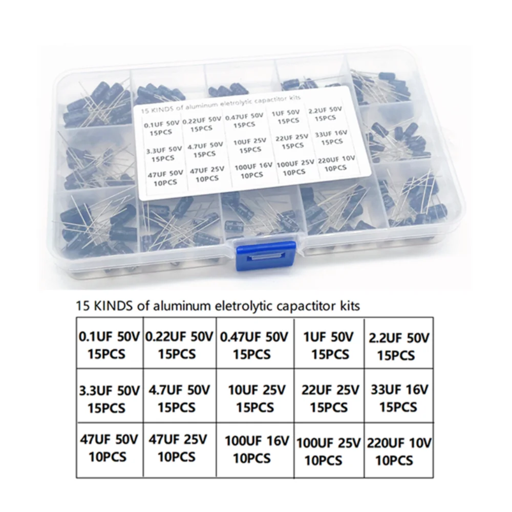 200pcs-lot-Radial-capacitors-set-15Values-10V-16V-25V-50V-0-1uF-220uF ...