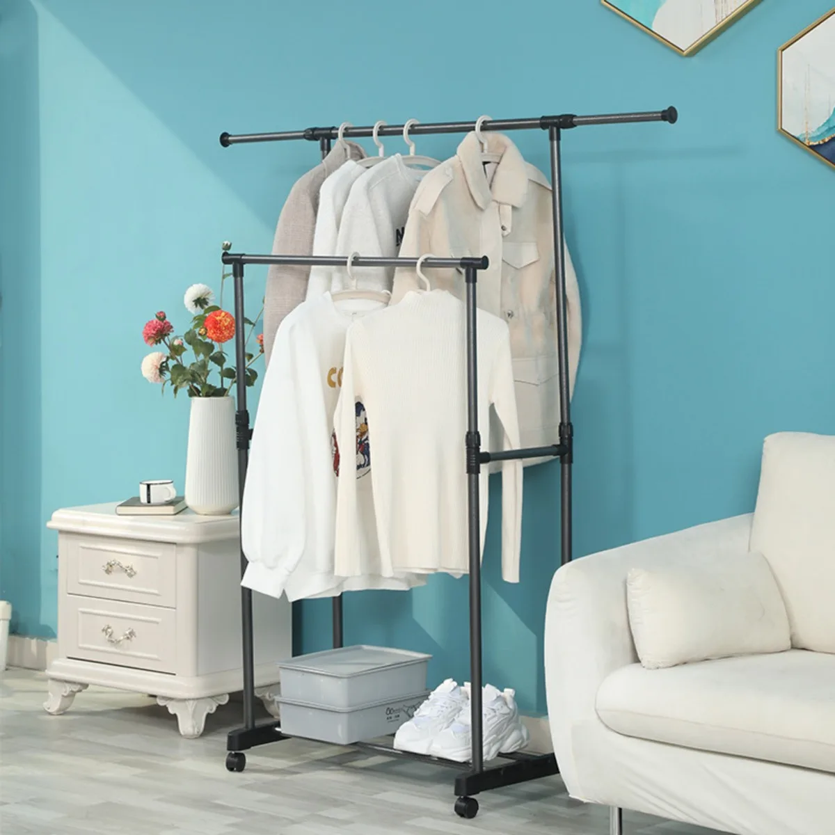 Double-Rod-Simple-Wheeled-Coat-Rack-Floor-Standing-Simple-Clothes-Coat ...