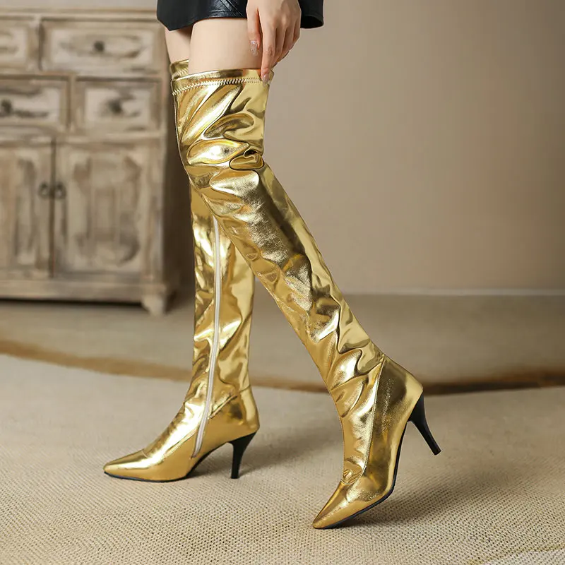 Large-Size-34-48-Patent-Leather-Gold-Silver-Pointed-Toe-Spike-High ...