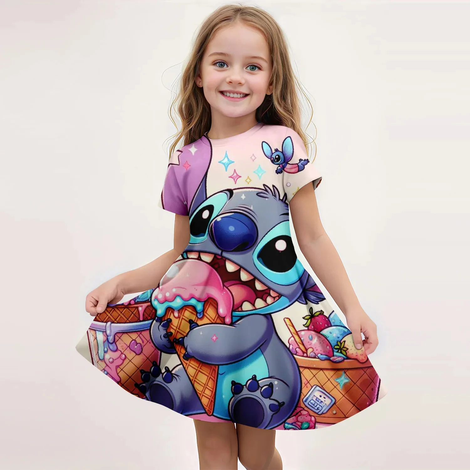 MINISO-2024-Summer-Girls-Short-Sleeve-Dress-Cute-Stitch-3D-Printed-Kids ...