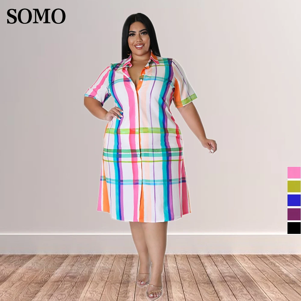 Plus Size Casual Clothes Summer Fat Women Lapel Shirt Midi Dress ...