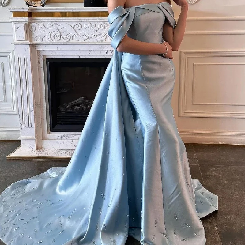 E.C.S. Simple Blue Off Shoulder Mermaid Prom Dresses Beading Customized ...