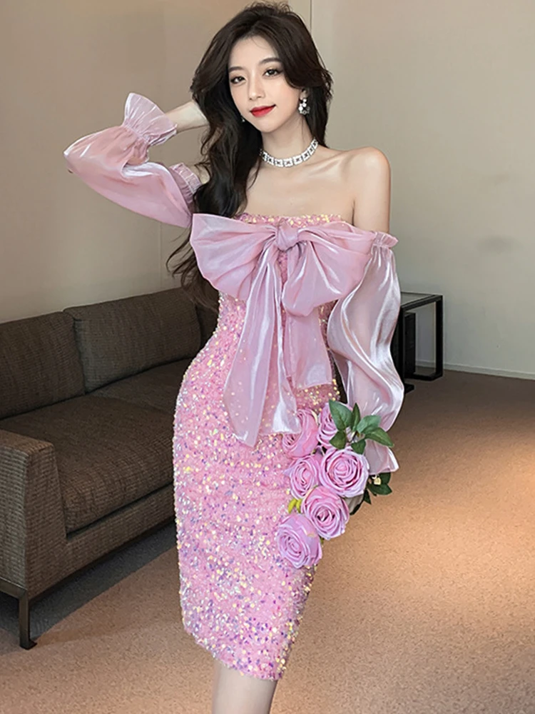 Spring Autumn Women Evening Dress Chic Pink Sweet Sparkly Sequin Sexy ...