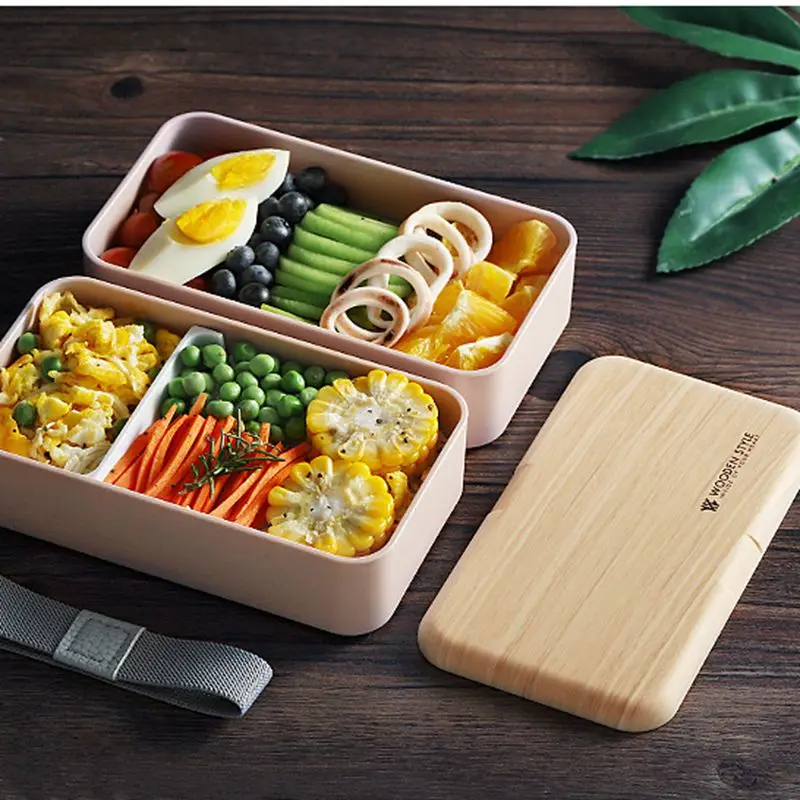 Double-Layer-Lunch-Box-with-Wood-Lid-Plastic-Divider-Bento-Box-Adult ...