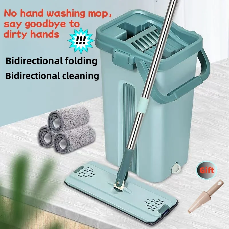 Flat-Squeeze-Mop-with-Bucket-Hand-Free-Wringing-Floor-Cleaning-Mop ...