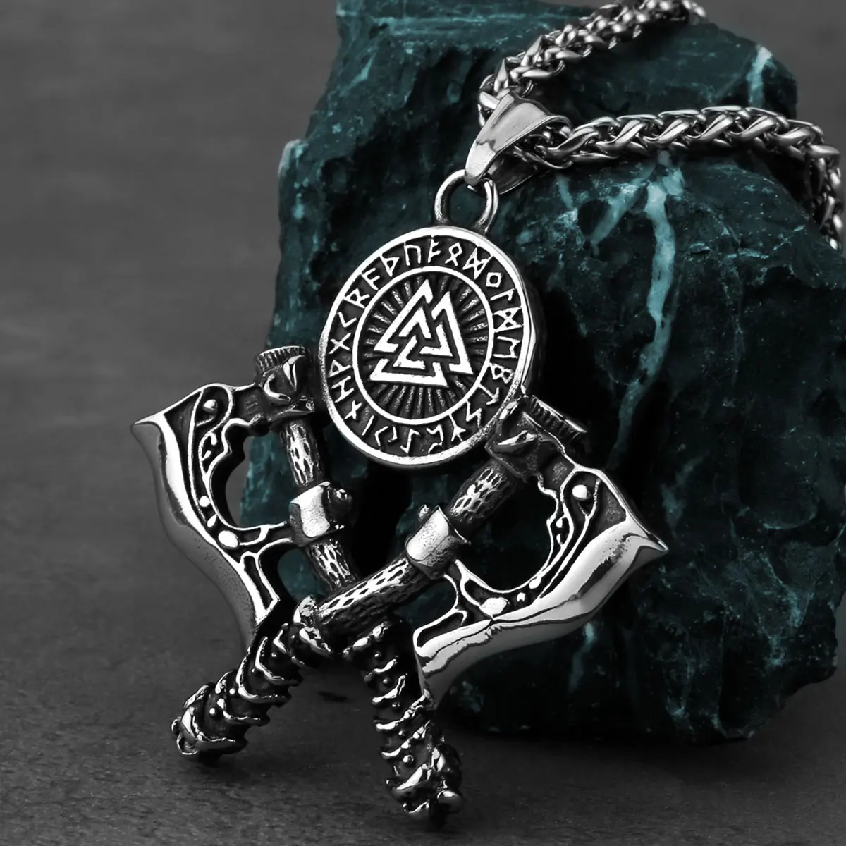 Men's Stainless Steel Exquisite Double Axe Pendant Necklace Nordic Rune ...