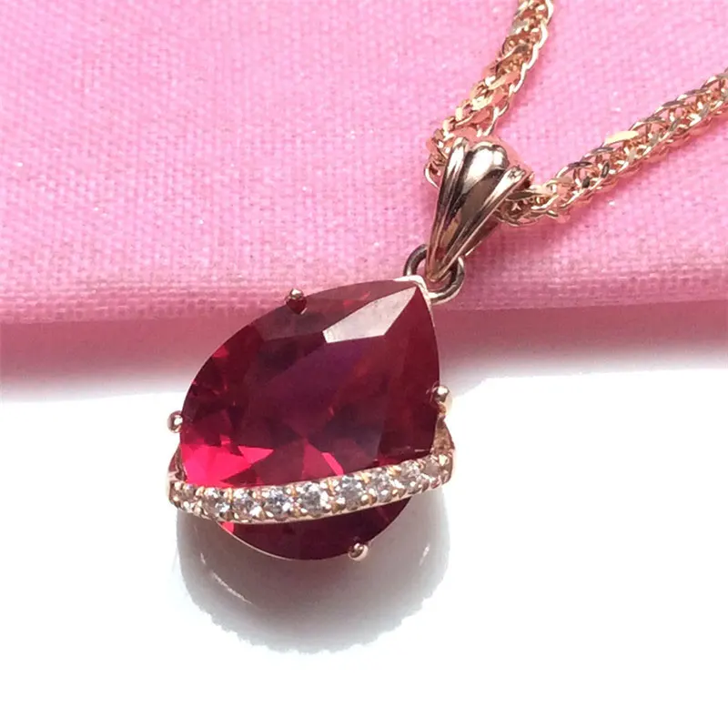 585 Purple Gold Water Drop Ruby Pendant Necklaces Plated 14k Rose Gold Luxury Fashion Clavicle ...