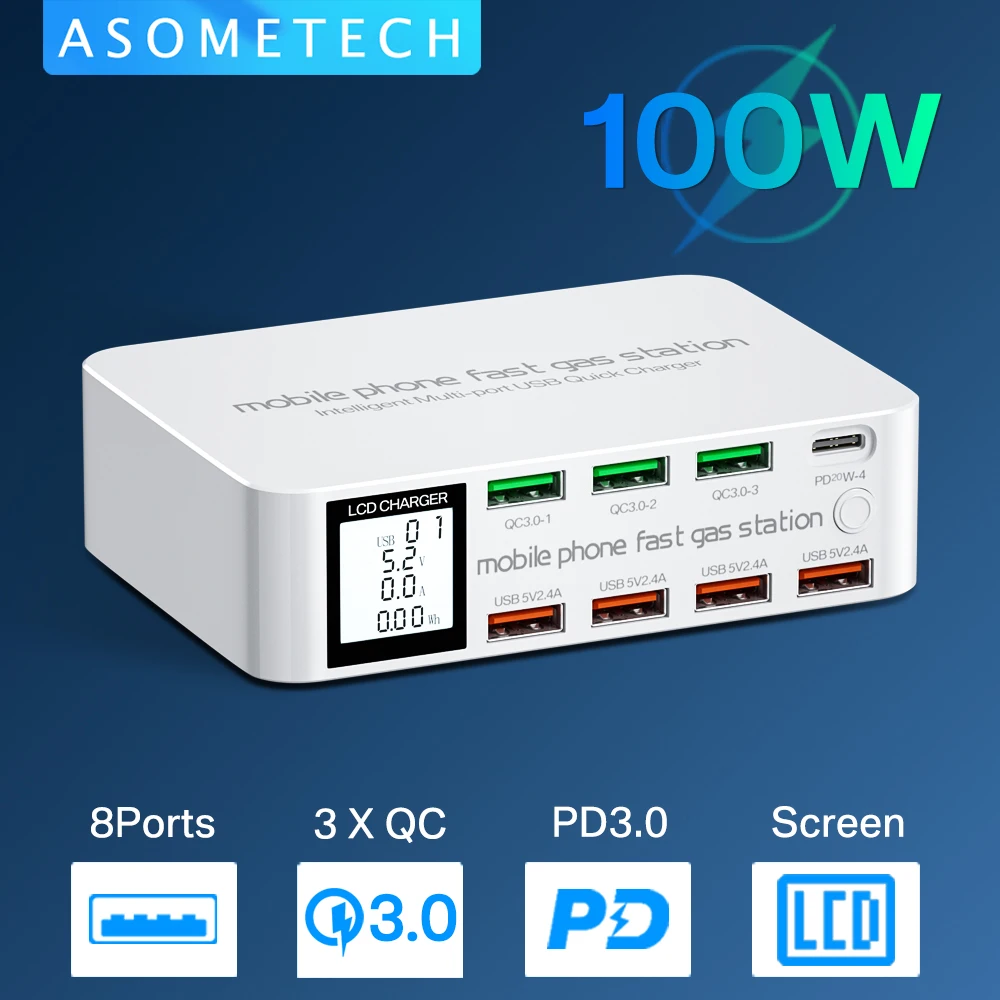 100W 8 Ports LCD Display Quick Charge 3.0 USB Charger Adapter HUB Type ...