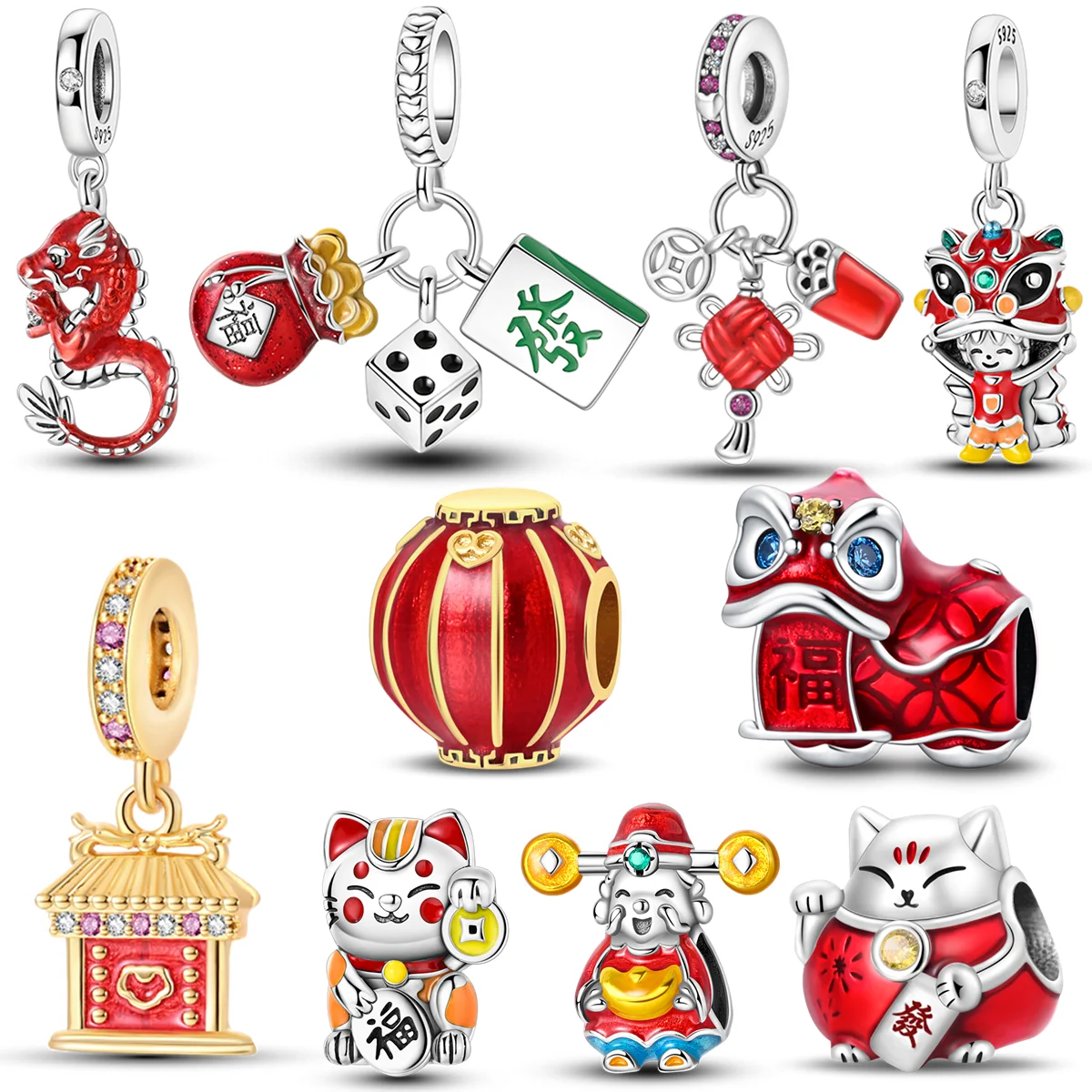 925 Sterling Silver Chinese Elements Charms Bead Chinese New Year Lion ...