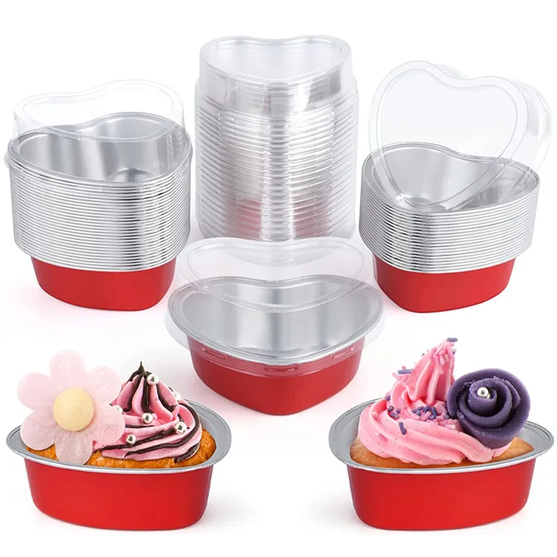 50pcs Aluminum Foil Cake Pan Heart Shaped Cupcake Cup With Lids Baking ...