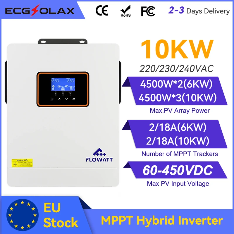 Flowatt 10KW Hybrid Solar PV Inverter 230VAC 3 MPPT Input Pure Sine ...