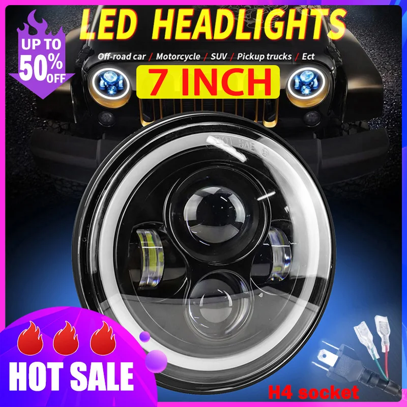 7-Inch-LED-Headlight-6000K-60W-For-Jeep-Wrangler-JK-TJ-Headlights-Angel ...