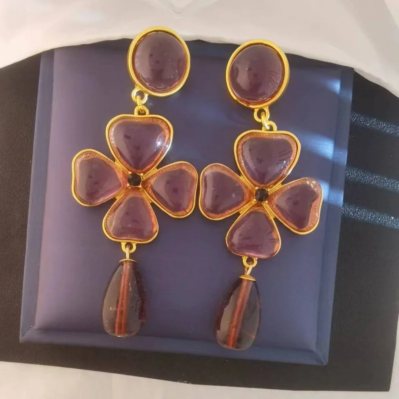 Women Pink Purple Glass Flower Trendy Earrings French Exaggerated ...